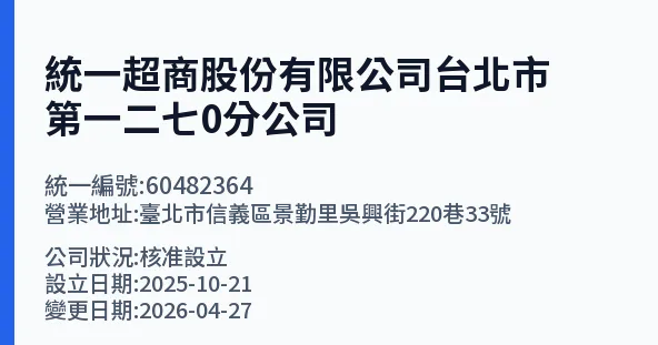 統一超商股份有限公司台北市第一二七0分公司的照片-統編 60482364(臺北市) 公司登記資料與營業項目詳細圖表