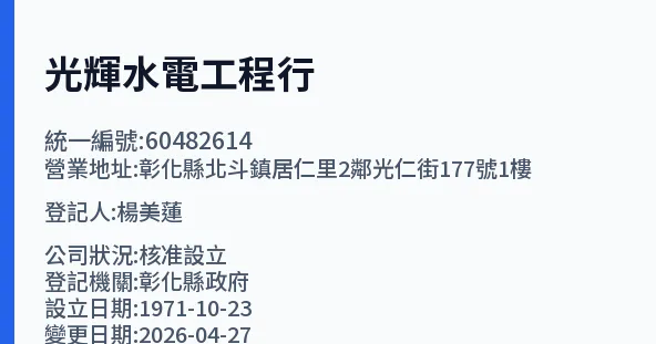 光輝水電工程行的照片-統編 60482614(彰化縣) 公司登記資料與營業項目詳細圖表