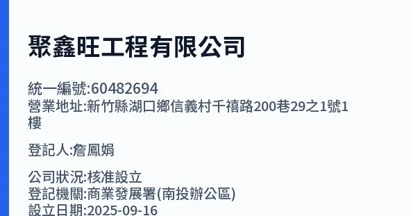 聚鑫旺工程有限公司的照片-統編 60482694(新竹縣) 公司登記資料與營業項目詳細圖表