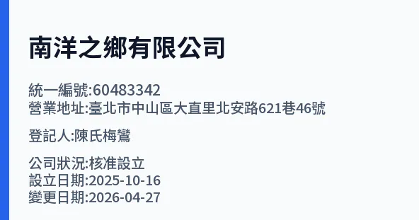南洋之鄉有限公司的照片-統編 60483342(臺北市) 公司登記資料與營業項目詳細圖表