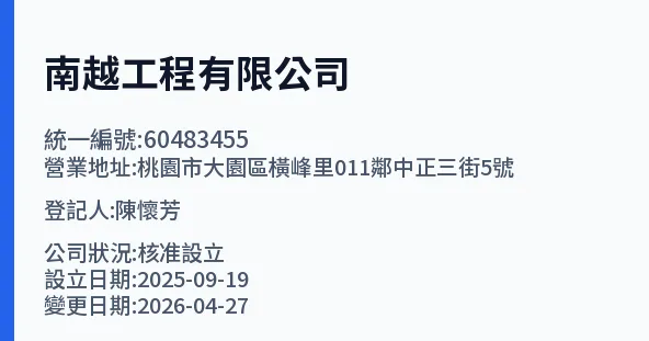 南越工程有限公司的照片-統編 60483455(桃園市) 公司登記資料與營業項目詳細圖表