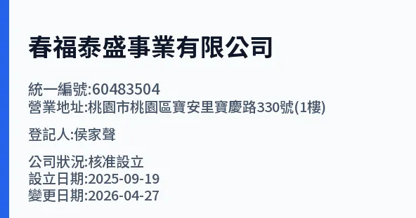 春福泰盛事業有限公司的照片-統編 60483504(桃園市) 公司登記資料與營業項目詳細圖表