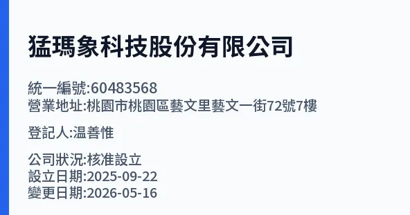 猛瑪象科技股份有限公司的照片-統編 60483568(桃園市) 公司登記資料與營業項目詳細圖表