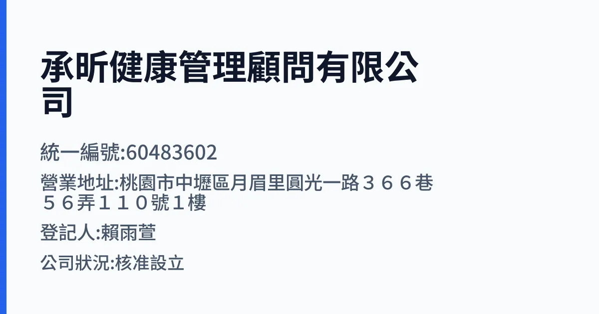 承昕健康管理顧問有限公司 - 統編 60483602（桃園市） 公司登記資料與營業項目詳細圖表