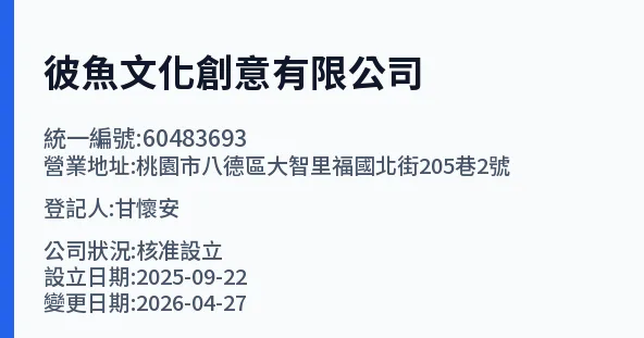 彼魚文化創意有限公司的照片-統編 60483693(桃園市) 公司登記資料與營業項目詳細圖表