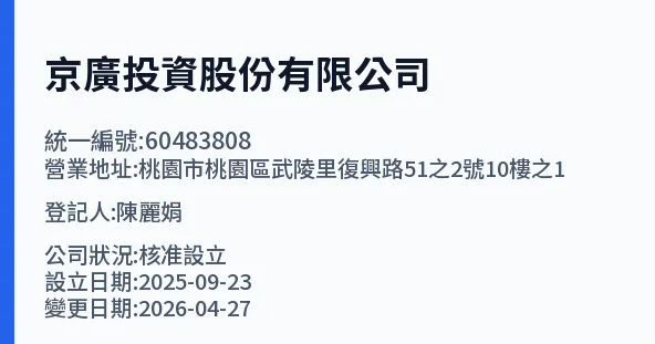 京廣投資股份有限公司的照片-統編 60483808(桃園市) 公司登記資料與營業項目詳細圖表