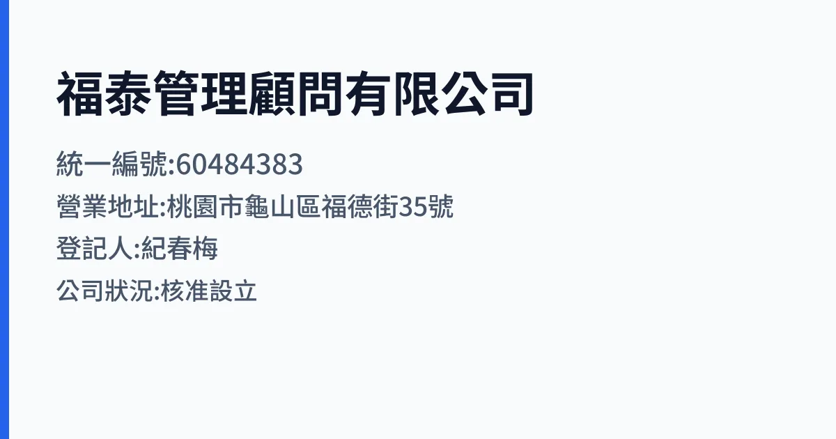 福泰管理顧問有限公司 - 統編 60484383(桃園市) 公司登記資料與營業項目詳細圖表