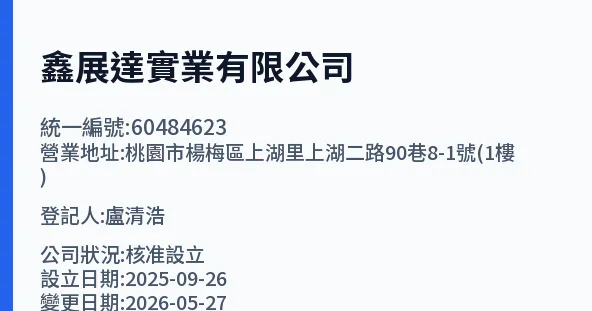鑫展達實業有限公司的照片-統編 60484623(桃園市) 公司登記資料與營業項目詳細圖表