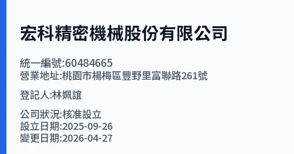宏科精密機械股份有限公司的照片-統編 60484665(桃園市) 公司登記資料與營業項目詳細圖表