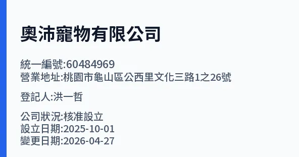 奧沛寵物有限公司的照片-統編 60484969(桃園市) 公司登記資料與營業項目詳細圖表