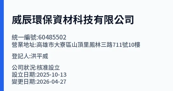 威辰環保資材科技有限公司的照片-統編 60485502(高雄市) 公司登記資料與營業項目詳細圖表