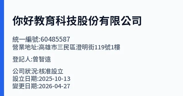 你好教育科技股份有限公司的照片-統編 60485587(高雄市) 公司登記資料與營業項目詳細圖表