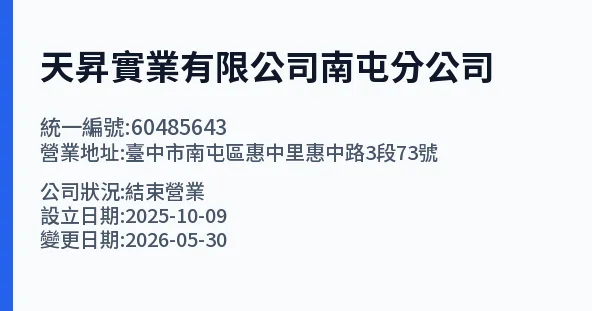 天昇實業有限公司南屯分公司的照片-統編 60485643(臺中市) 公司登記資料與營業項目詳細圖表