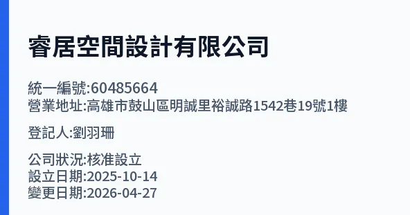 睿居空間設計有限公司的照片-統編 60485664(高雄市) 公司登記資料與營業項目詳細圖表