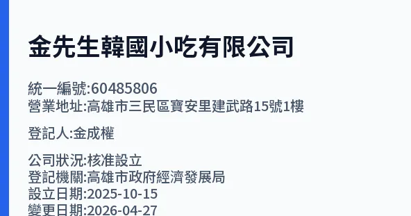 金先生韓國小吃有限公司的照片-統編 60485806(高雄市) 公司登記資料與營業項目詳細圖表