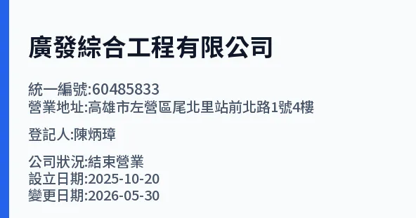廣發綜合工程有限公司的照片-統編 60485833(高雄市) 公司登記資料與營業項目詳細圖表
