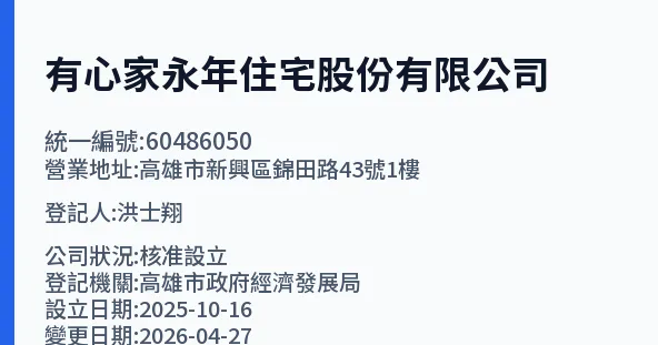 有心家永年住宅股份有限公司的照片-統編 60486050(高雄市) 公司登記資料與營業項目詳細圖表