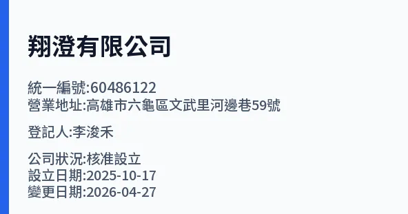 翔澄有限公司的照片-統編 60486122(高雄市) 公司登記資料與營業項目詳細圖表