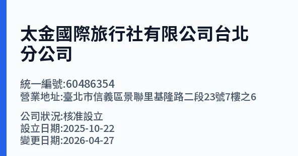太金國際旅行社有限公司台北分公司的照片-統編 60486354(臺北市) 公司登記資料與營業項目詳細圖表