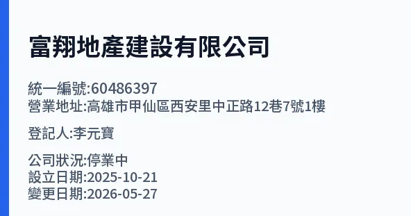 富翔地產建設有限公司的照片-統編 60486397(高雄市) 公司登記資料與營業項目詳細圖表