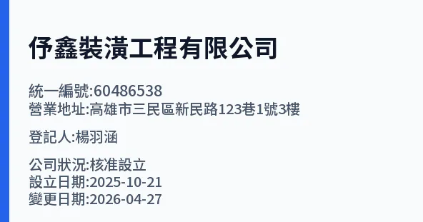 伃鑫裝潢工程有限公司的照片-統編 60486538(高雄市) 公司登記資料與營業項目詳細圖表