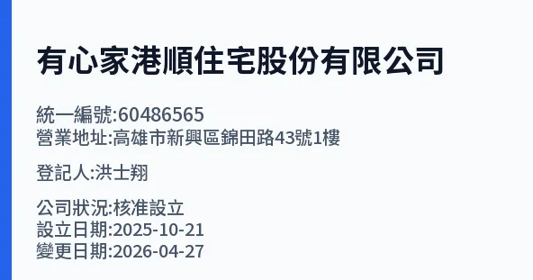 有心家港順住宅股份有限公司的照片-統編 60486565(高雄市) 公司登記資料與營業項目詳細圖表