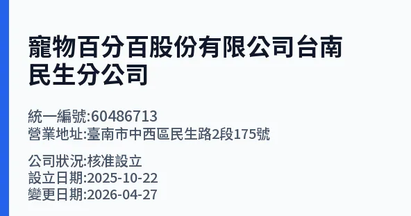 寵物百分百股份有限公司台南民生分公司的照片-統編 60486713(臺南市) 公司登記資料與營業項目詳細圖表