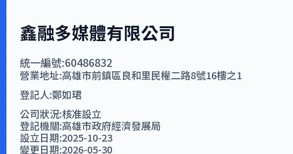 鑫融多媒體有限公司的照片-統編 60486832(高雄市) 公司登記資料與營業項目詳細圖表