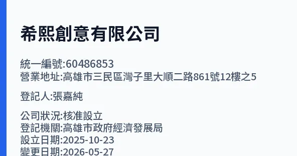 希熙創意有限公司的照片-統編 60486853(高雄市) 公司登記資料與營業項目詳細圖表
