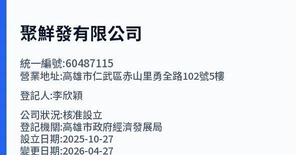 聚鮮發有限公司的照片-統編 60487115(高雄市) 公司登記資料與營業項目詳細圖表