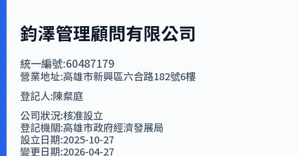 鈞澤管理顧問有限公司的照片-統編 60487179(高雄市) 公司登記資料與營業項目詳細圖表