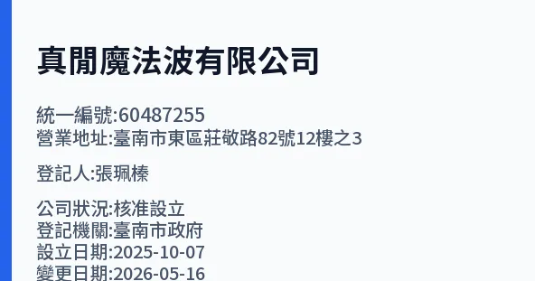 真閒魔法波有限公司的照片-統編 60487255(臺南市) 公司登記資料與營業項目詳細圖表