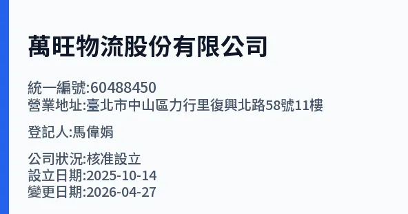 萬旺物流股份有限公司的照片-統編 60488450(臺北市) 公司登記資料與營業項目詳細圖表
