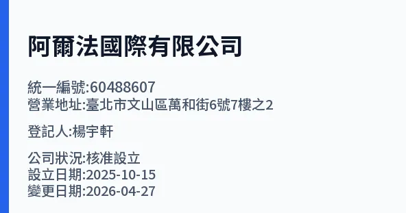 阿爾法國際有限公司的照片-統編 60488607(臺北市) 公司登記資料與營業項目詳細圖表