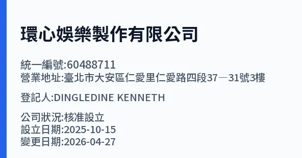 環心娛樂製作有限公司的照片-統編 60488711(臺北市) 公司登記資料與營業項目詳細圖表