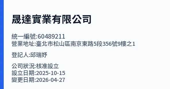晟達實業有限公司的照片-統編 60489211(臺北市) 公司登記資料與營業項目詳細圖表