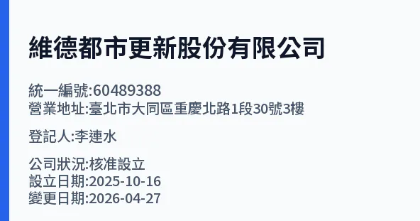 維德都市更新股份有限公司的照片-統編 60489388(臺北市) 公司登記資料與營業項目詳細圖表