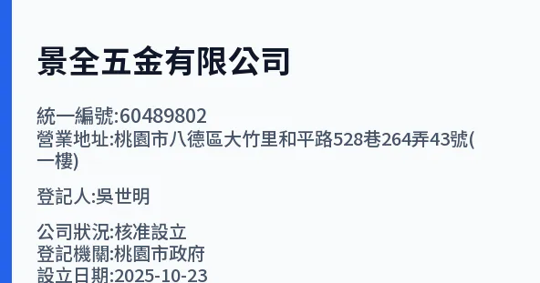 景全五金有限公司的照片-統編 60489802(桃園市) 公司登記資料與營業項目詳細圖表