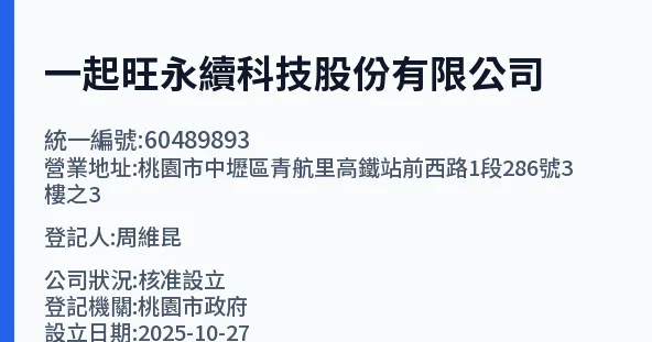 一起旺永續科技股份有限公司的照片-統編 60489893(桃園市) 公司登記資料與營業項目詳細圖表