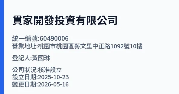 貫家開發投資有限公司的照片-統編 60490006(桃園市) 公司登記資料與營業項目詳細圖表