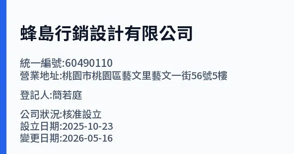 蜂島行銷設計有限公司的照片-統編 60490110(桃園市) 公司登記資料與營業項目詳細圖表