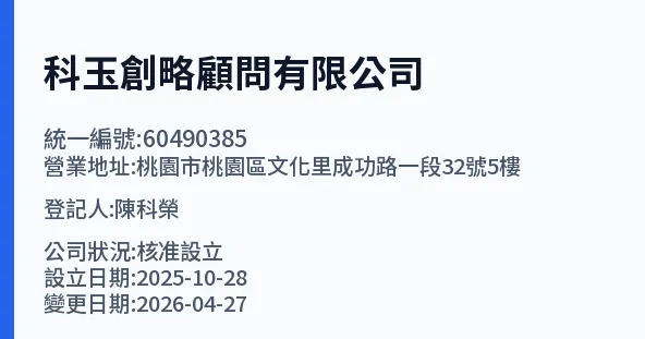 科玉創略顧問有限公司的照片-統編 60490385(桃園市) 公司登記資料與營業項目詳細圖表