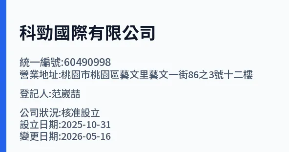 科勁國際有限公司的照片-統編 60490998(桃園市) 公司登記資料與營業項目詳細圖表