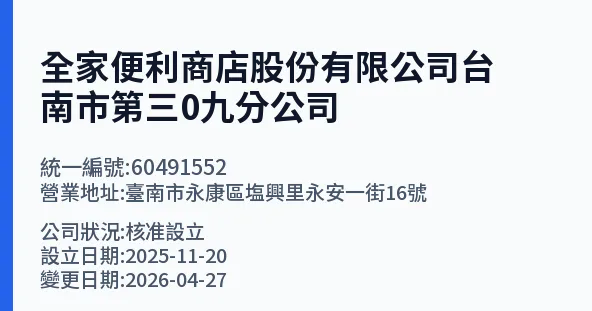 全家便利商店股份有限公司台南市第三0九分公司的照片-統編 60491552(臺南市) 公司登記資料與營業項目詳細圖表
