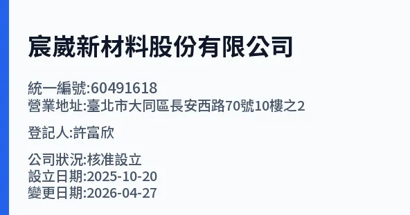 宸崴新材料股份有限公司的照片-統編 60491618(臺北市) 公司登記資料與營業項目詳細圖表