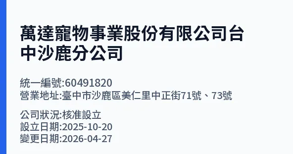 萬達寵物事業股份有限公司台中沙鹿分公司的照片-統編 60491820(臺中市) 公司登記資料與營業項目詳細圖表