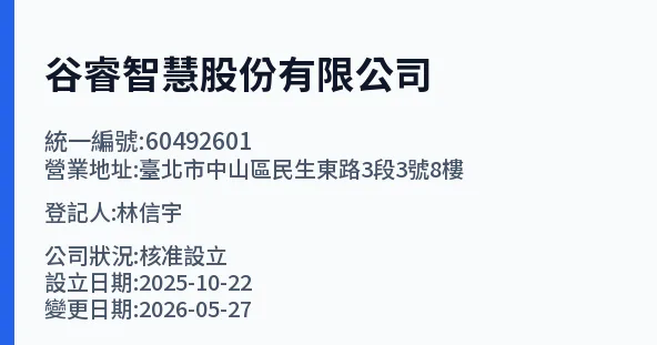 谷睿智慧股份有限公司的照片-統編 60492601(臺北市) 公司登記資料與營業項目詳細圖表