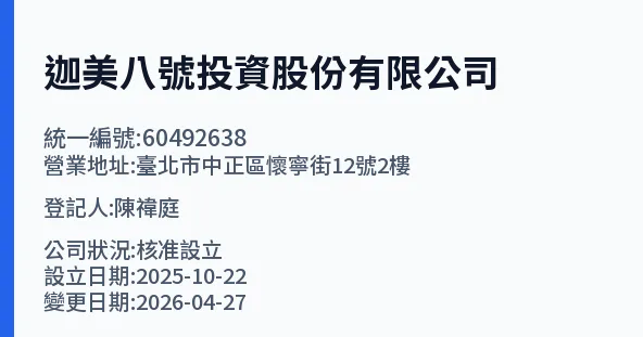 迦美八號投資股份有限公司的照片-統編 60492638(臺北市) 公司登記資料與營業項目詳細圖表