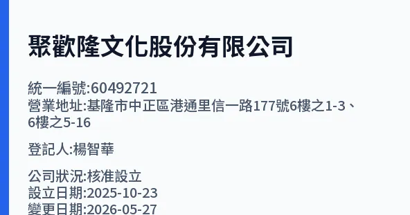 聚歡隆文化股份有限公司的照片-統編 60492721(基隆市) 公司登記資料與營業項目詳細圖表