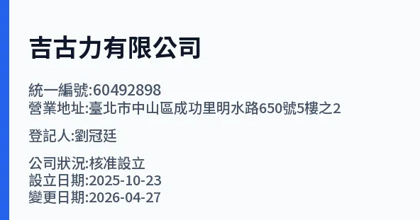吉古力有限公司的照片-統編 60492898(臺北市) 公司登記資料與營業項目詳細圖表